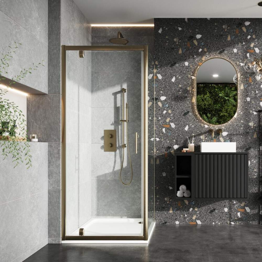 Luxe81 S6 Brushed Brass Pivot Door – Tiles and Beyond | West London